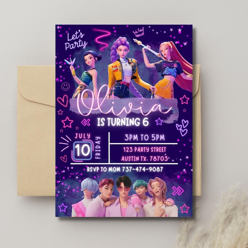 K-pop Demon Hunters Invitation | Canva Template | Neon Party Invite ...