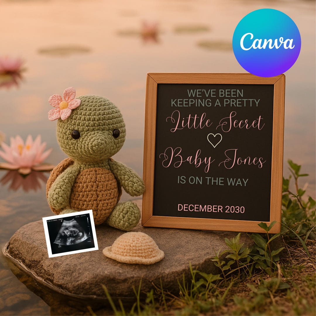Turtle Baby Announcement Canva Template | Editable Lakeside Pregnancy ...