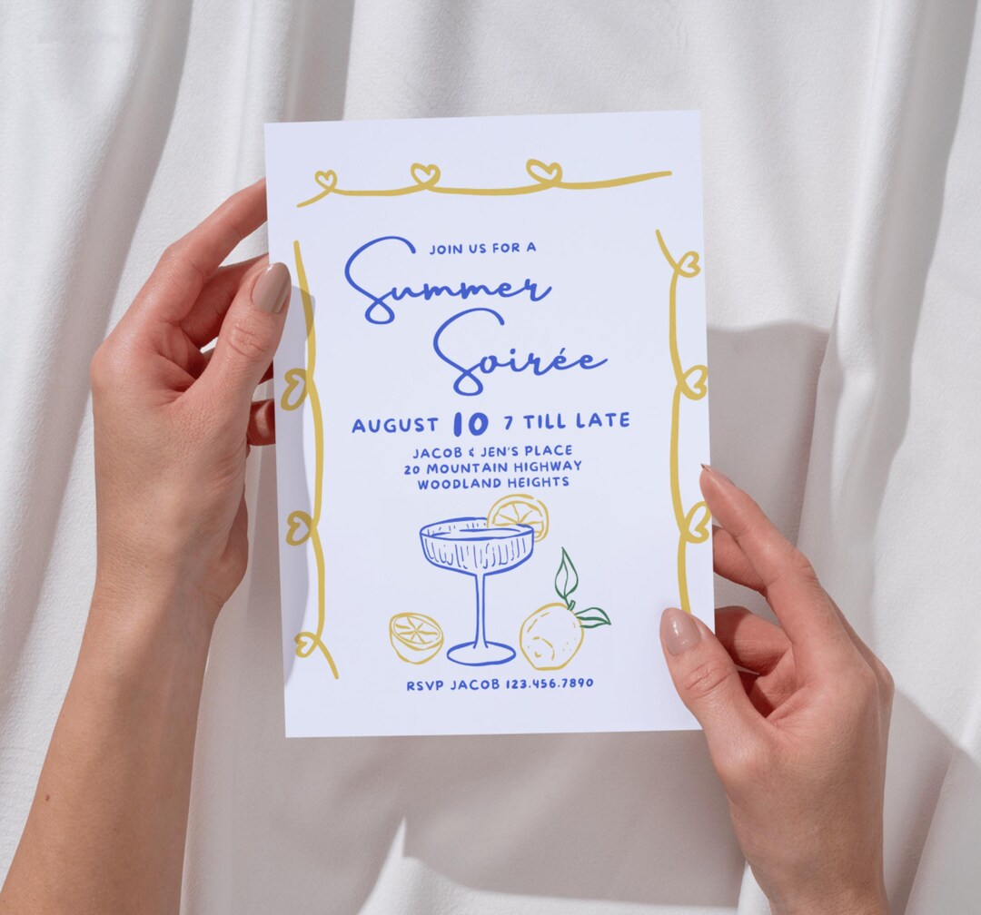 Summer Soiree Invitation, Editable Party Invite, Hand Drawn Drinks ...