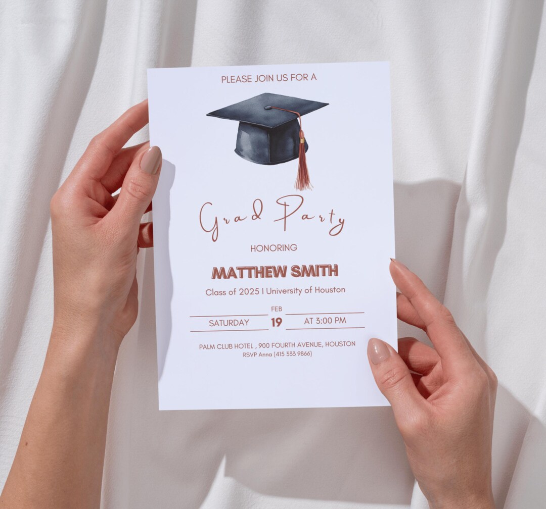 Graduation Hat Watercolor Invitation, Editable Grad Party Template ...