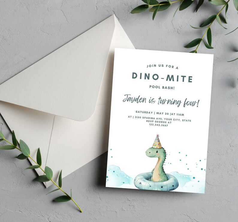 Dinosaur Pool Birthday Invitation, Editable T-rex Pool Float Invite ...