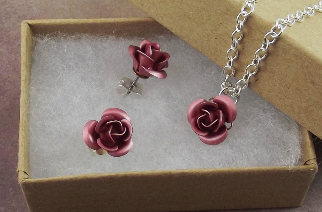 Pink Rose Necklace Set, Jewelry Set, Stud Earrings, Flower Jewelry ...