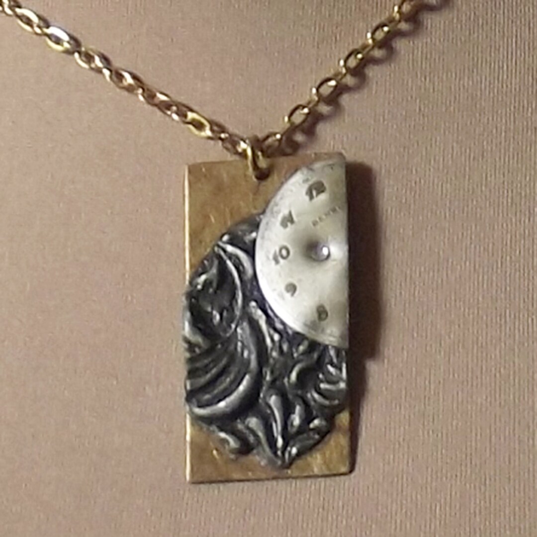 Gold Recycled Clock Face Necklace for Women, Oxidized Soft Solder ...