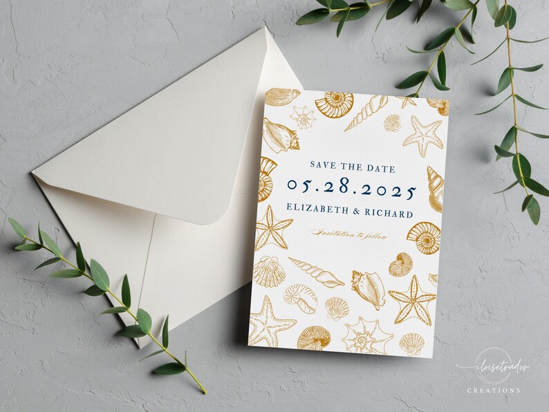 Navy & Gold Seashell Save the Date Template: Coastal Wedding (editable ...