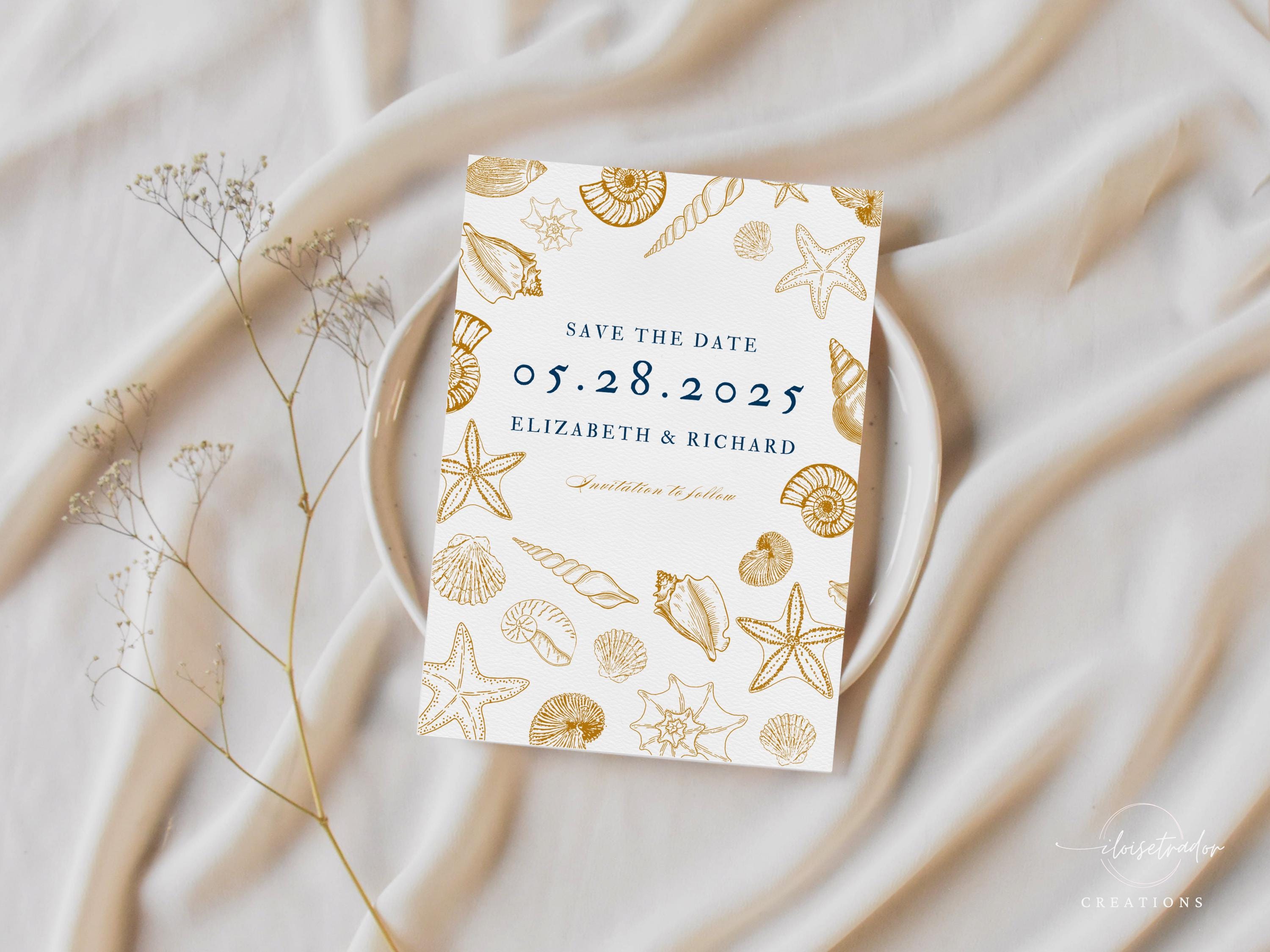 Navy & Gold Seashell Save the Date Template: Coastal Wedding (editable ...