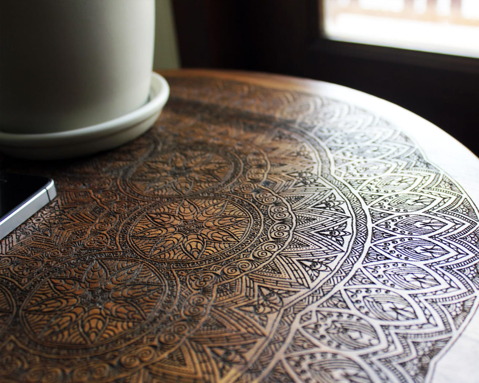 Engraved Walnut Teak Hardwood End / Side Table or Night Stand ...