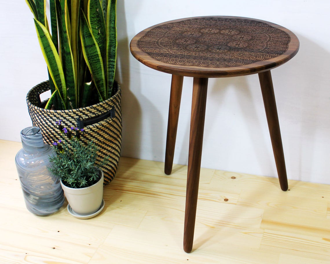Engraved Walnut Teak Hardwood End / Side Table or Night Stand - Etsy