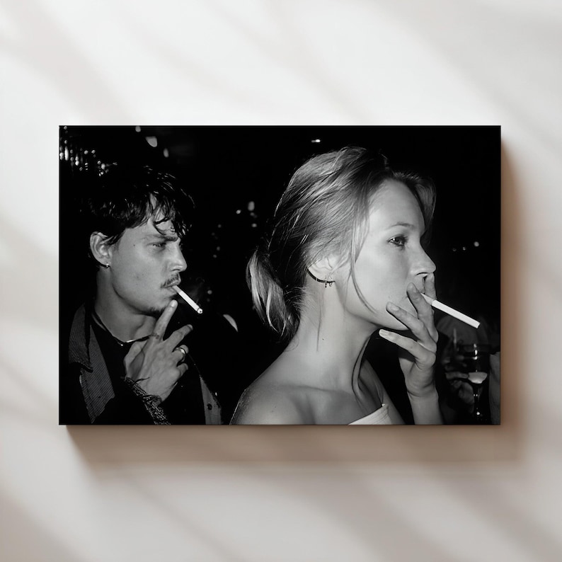 Johnny Depp and Kate Moss Smoking Wall Art - Edgy 90s Celebrity Romance Photo - Iconic Cool ...