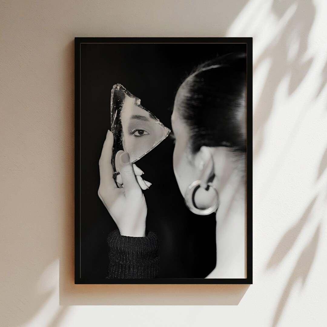 Sade Holding Jagged Mirror Wall Art - Elegant Black & White Portrait ...