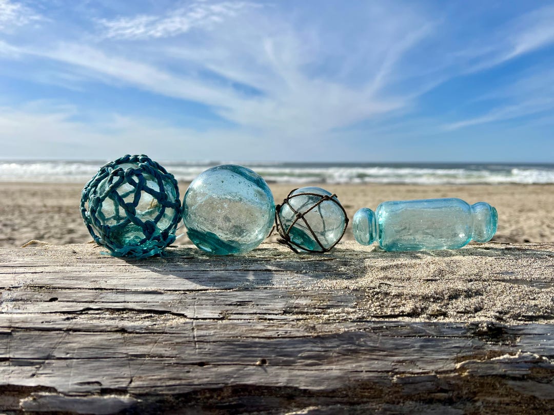 Set of 4 Japanese Glass Fishing Floats, Authentic, Original Nets ...