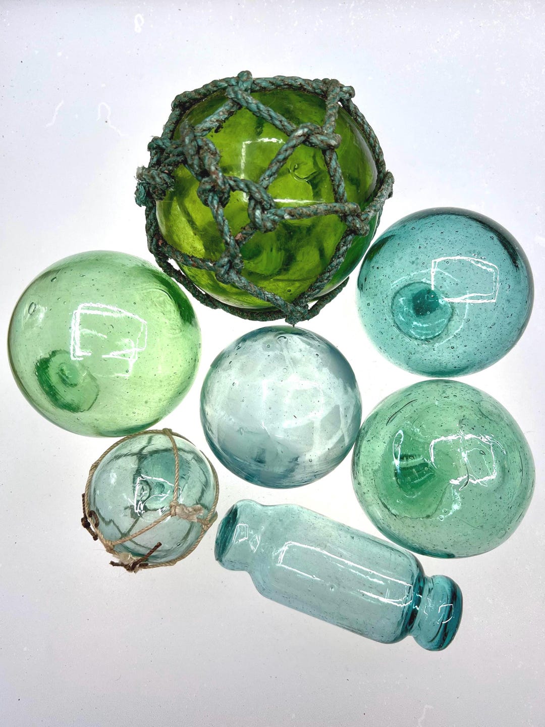 Collection of 7 Japanese Glass Fishing Floats, Authentic, Original Nets ...