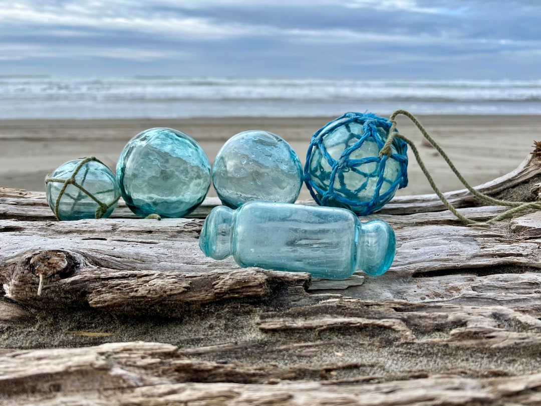 Collection of 5 Japanese Glass Fishing Floats, Authentic, Original Nets ...