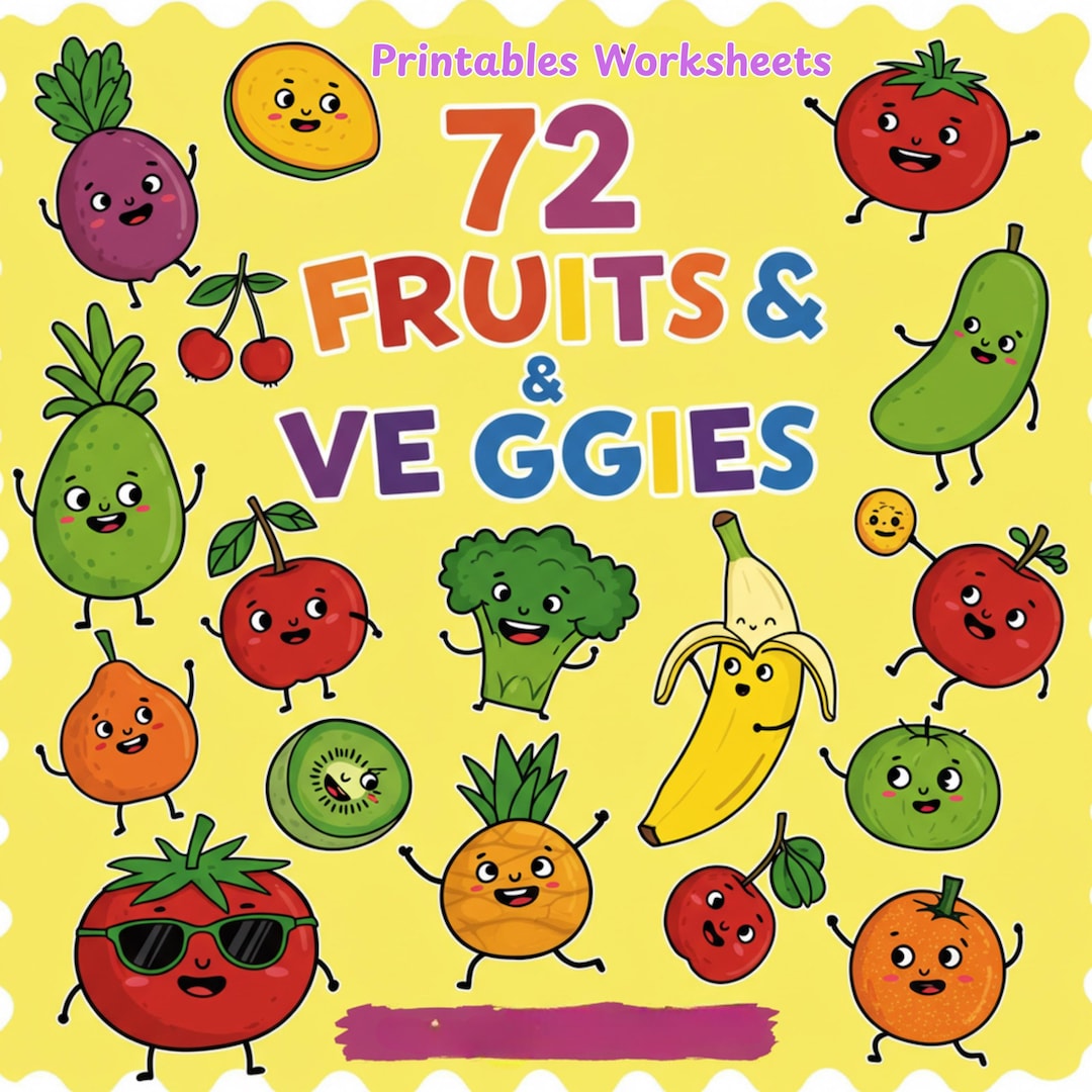 72 Fruits & Veggies Printable Worksheets Fun Coloring Kids 2-5 Years ...