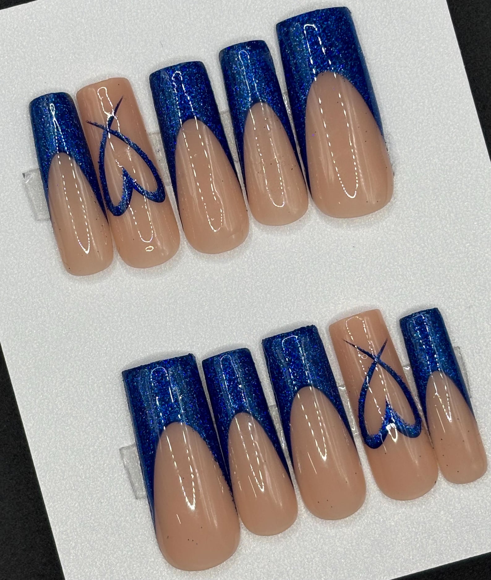 Long Square Royal BLUE Holographic GLITTER French Tip Heart Design ...