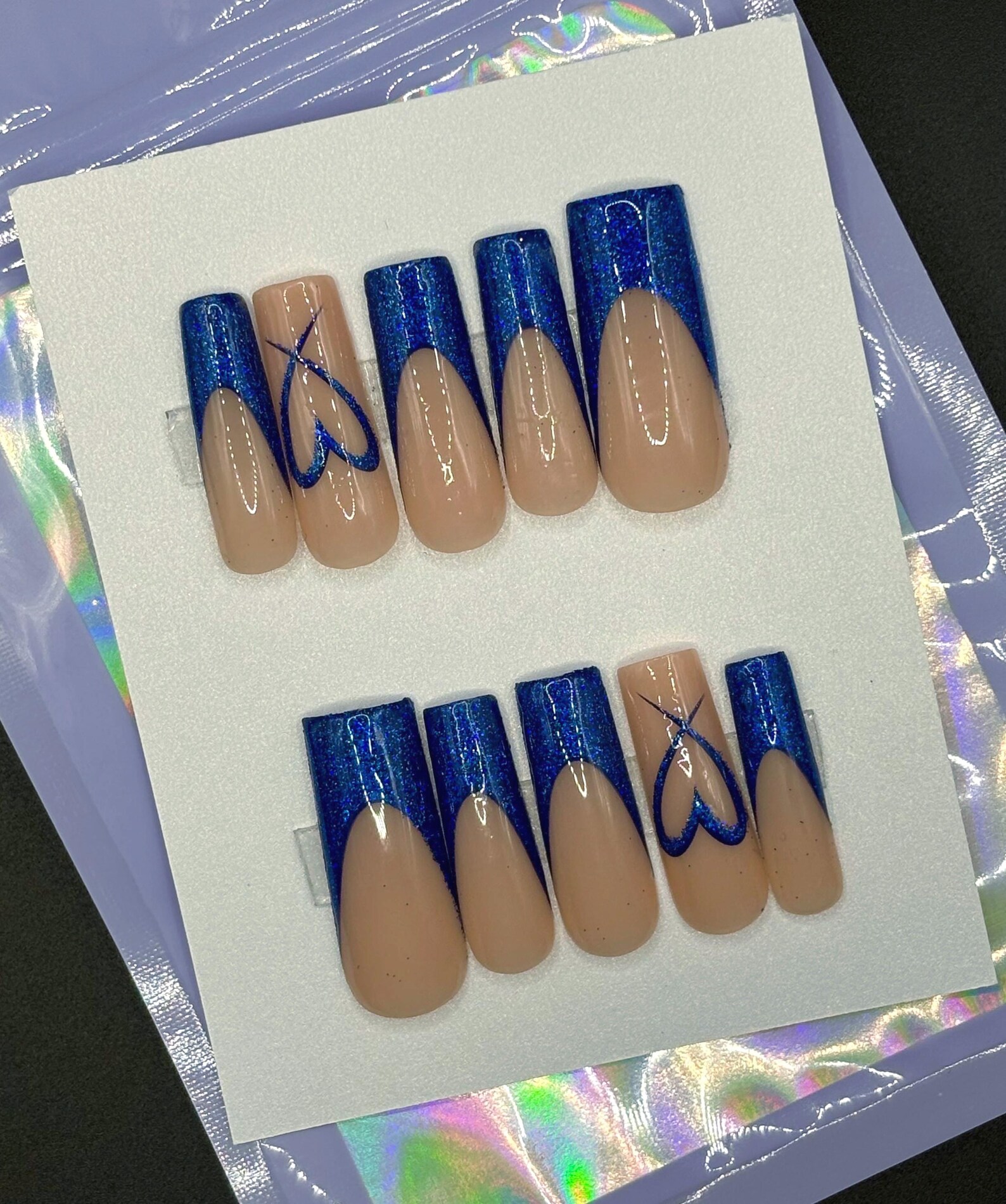 Long Square Royal BLUE Holographic GLITTER French Tip Heart Design ...
