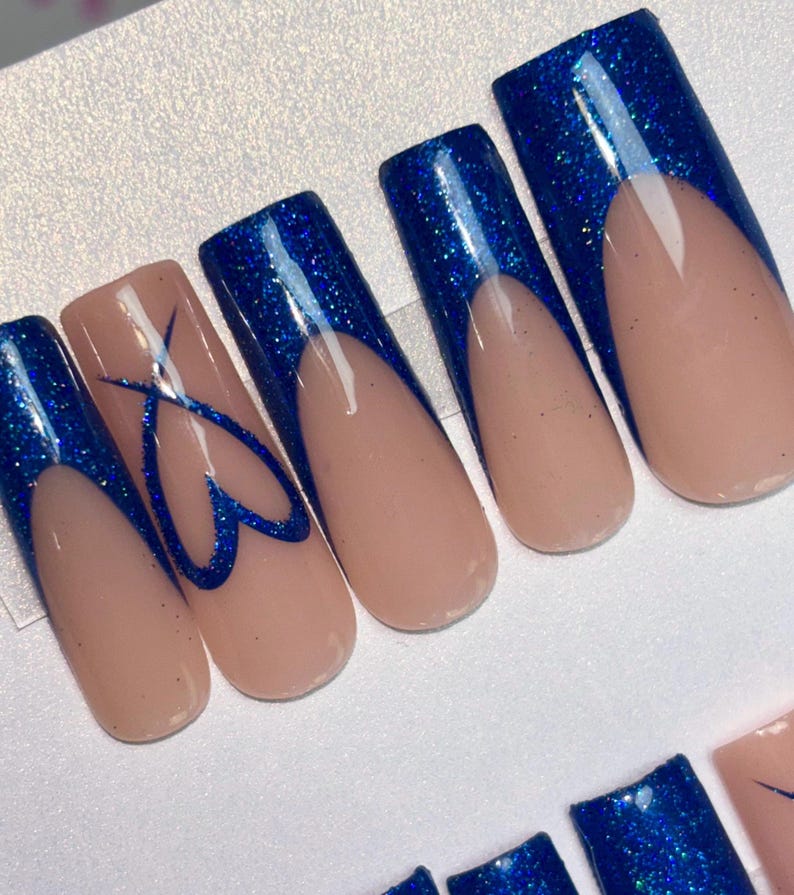 Long Square Royal BLUE Holographic GLITTER French Tip Heart Design ...
