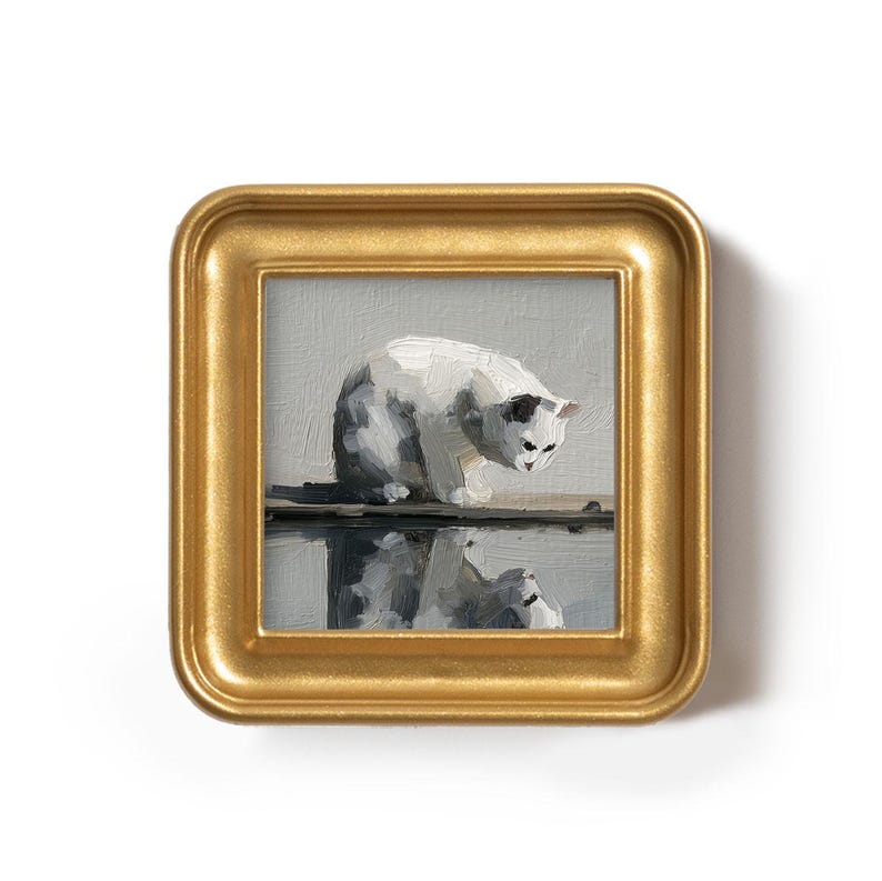 Water Cat Original Oil Painting, Mini Framed Wall Art, Hand Painted ...