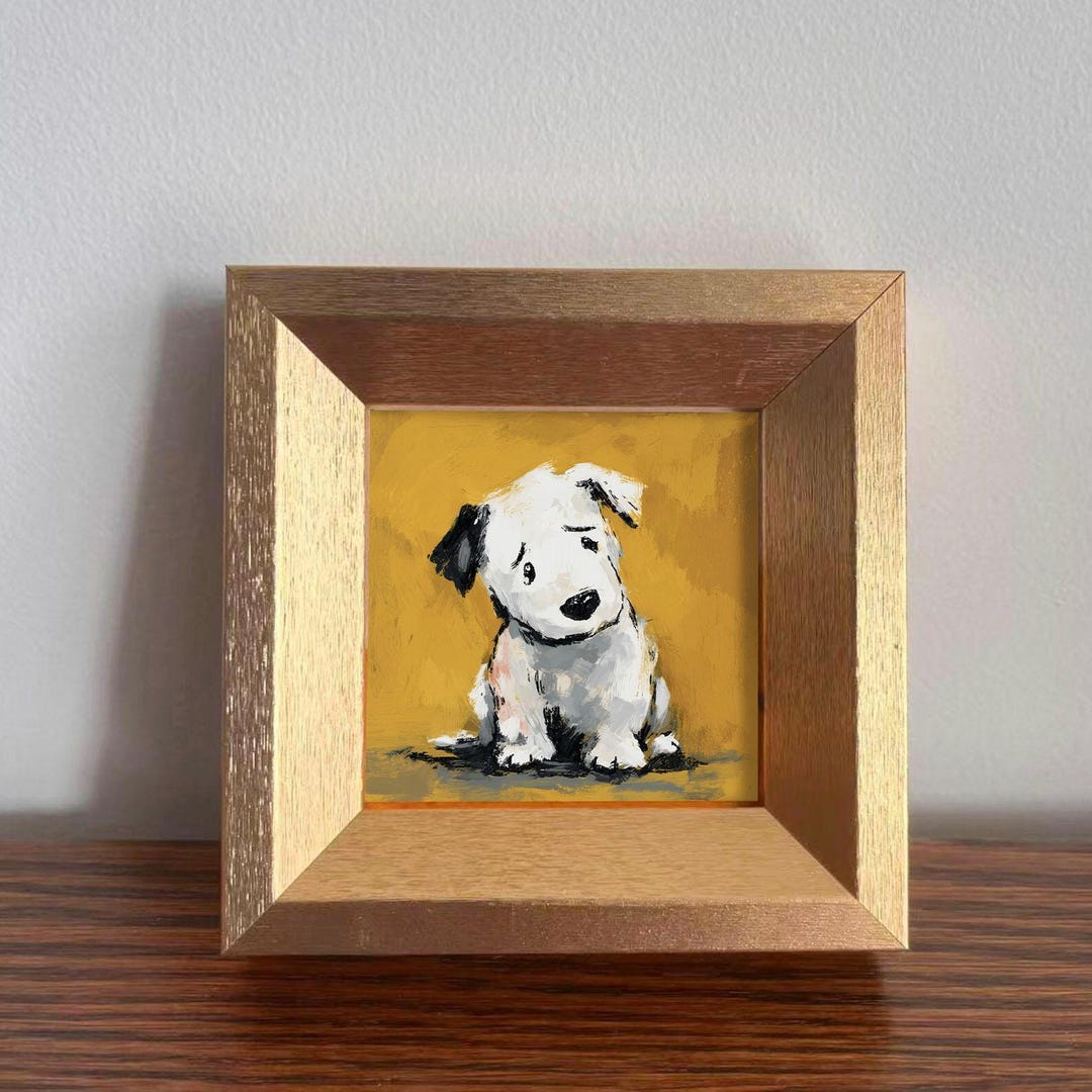 Mini Sad Dog Oil Painting,hand-painted Golden Framed Art for Home Wall ...