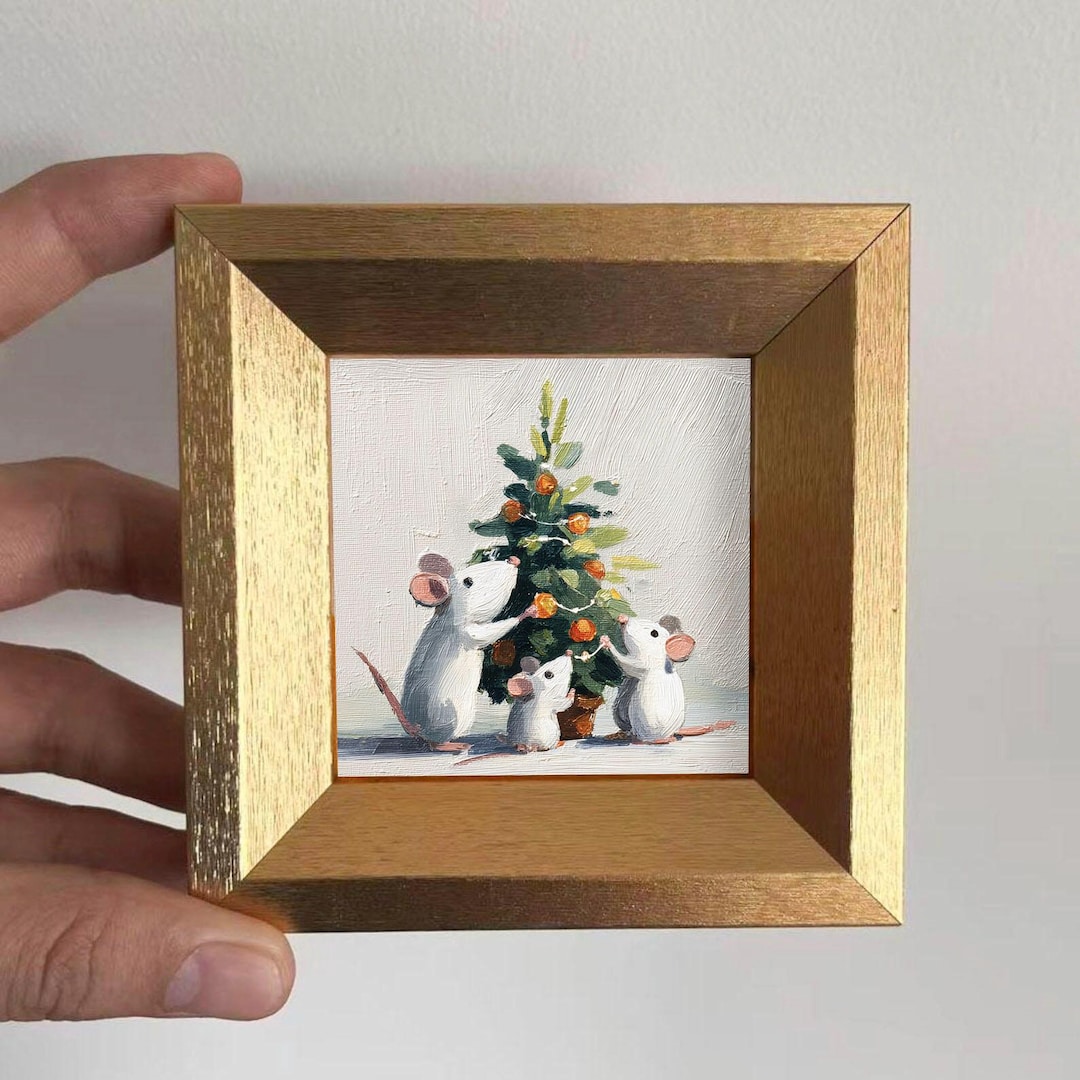 Mini Christmas Mice Oil Painting, Hand Painted Holiday Artwork, Cute ...