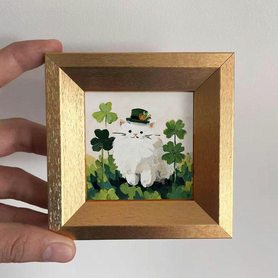 Mini Lucky White Cat Oil Painting, Small Original Hand Painted Artwork ...
