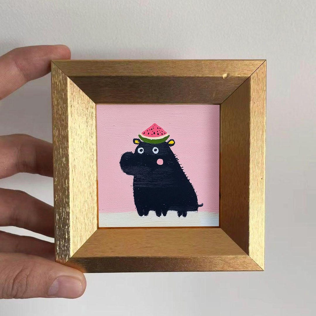 Mini Watermelon Hippo Oil Painting, Hand-painted Animal Art for Home ...