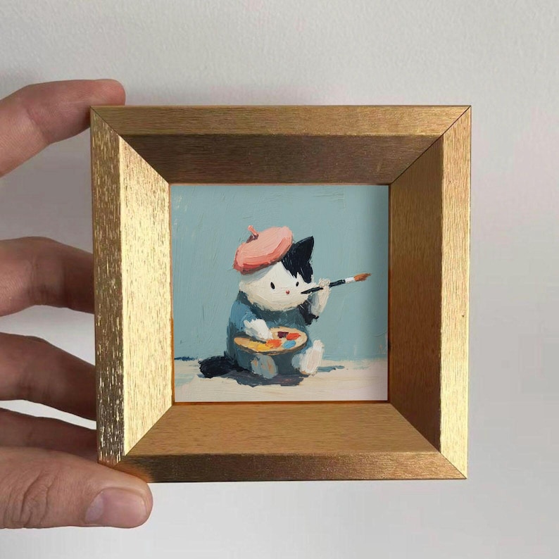 Artist Cat Original Oil Painting, Mini Framed Art, Hand Painted Canvas ...