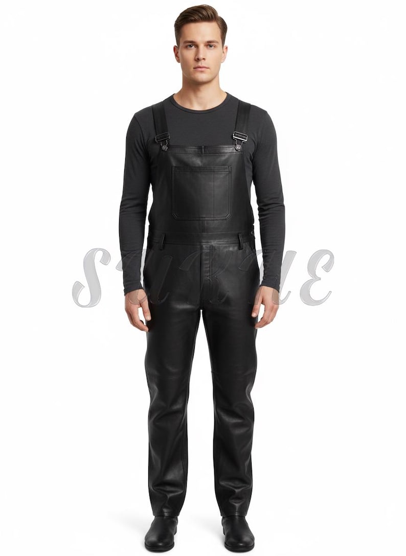 Men's Real Genuine Black Leather Overalls Front Pocket Buttons Side New ...