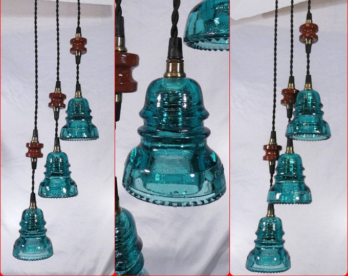 Triple Pendant Light Vintage Glass Aqua Green Telegraph Insulators ...