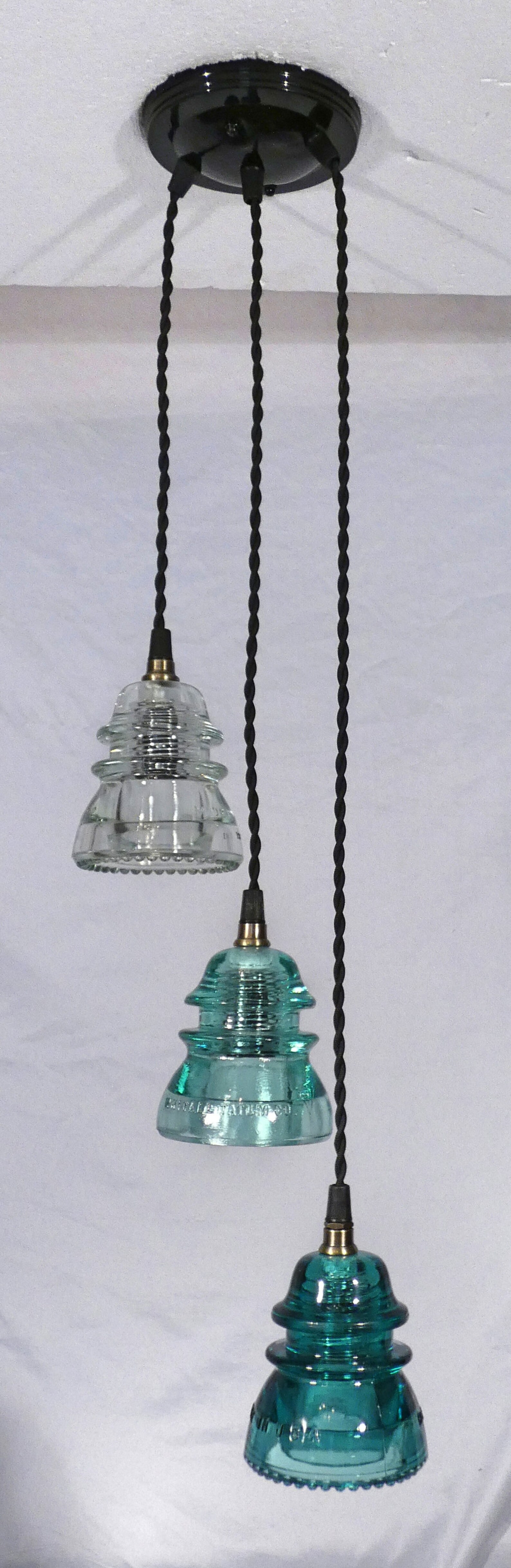 Triple Pendant Light Vintage Glass Aqua Green Telegraph Insulators ...