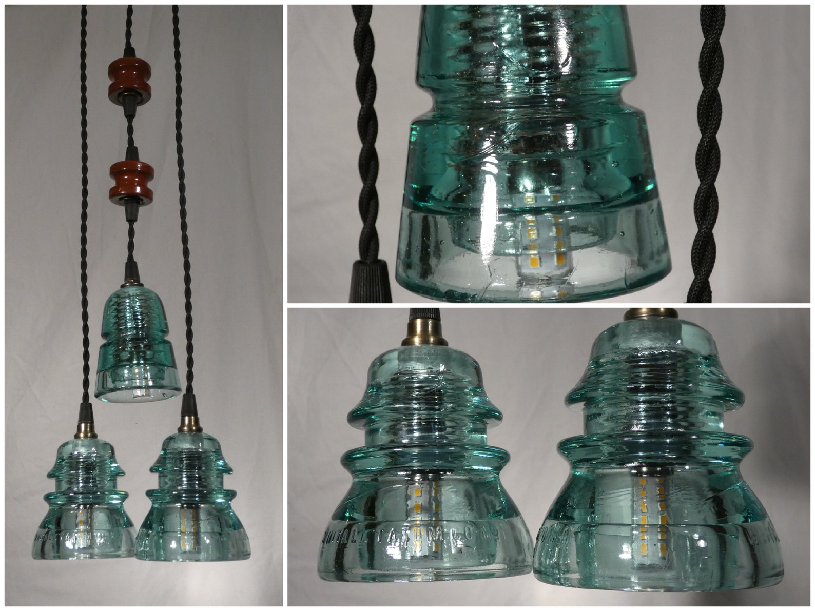 Triple Pendant Light Vintage Glass Light Aqua Telegraph Insulators ...