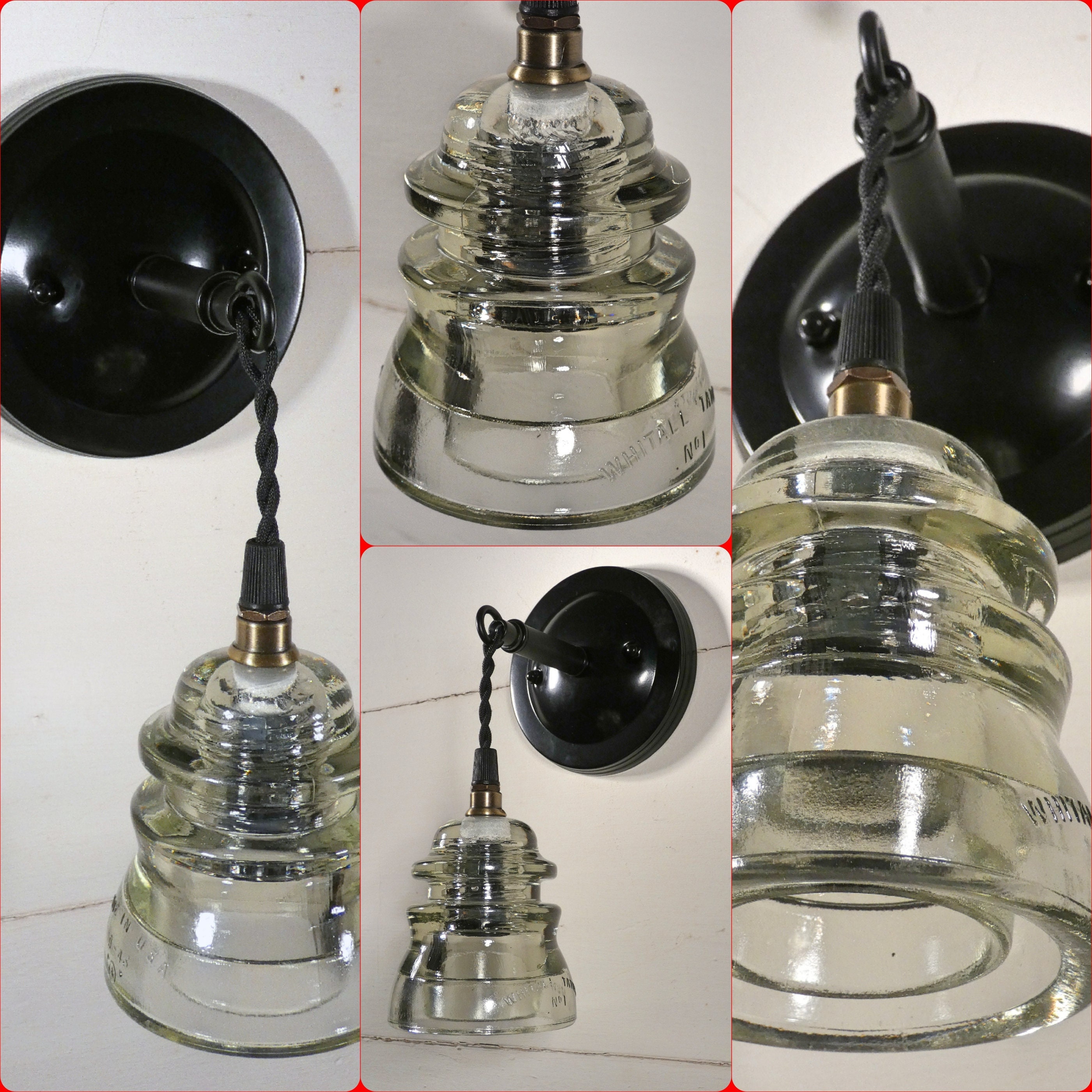 Vintage Telegraph Glass Insulator Single Black Wall Sconce Clear ...