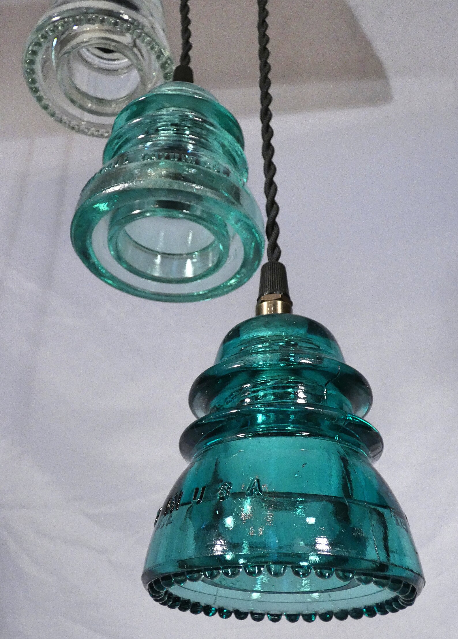 Triple Pendant Light Vintage Glass Aqua Green Telegraph Insulators ...