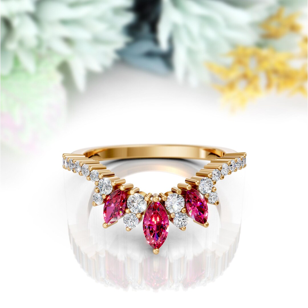 Ruby Curved Engagement Ring 14K Gold Curved Matching Band Pink Gemstone Curved Wedding Band ...