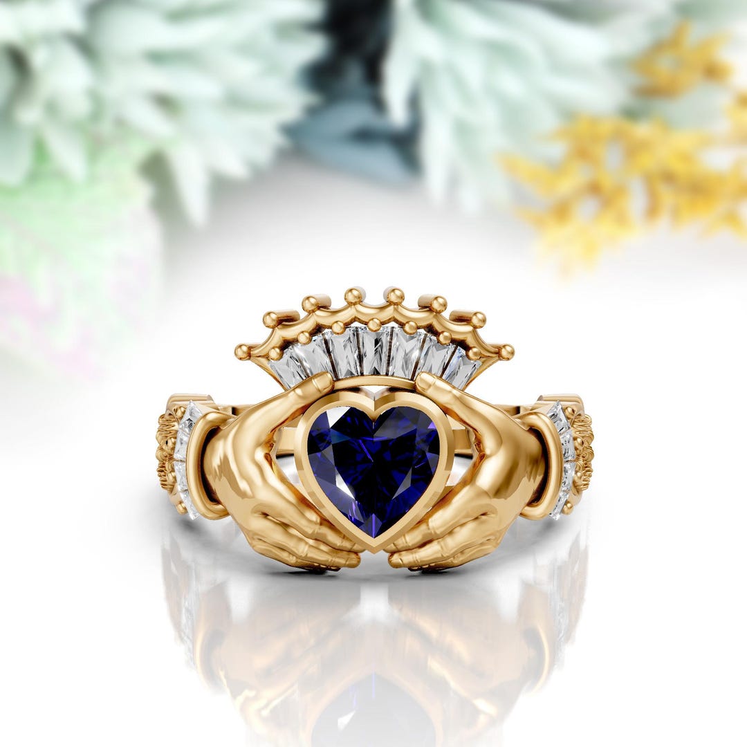 14K Gold Blue Sapphire Claddagh Ring, Irish Crown Engagement Ring - Etsy