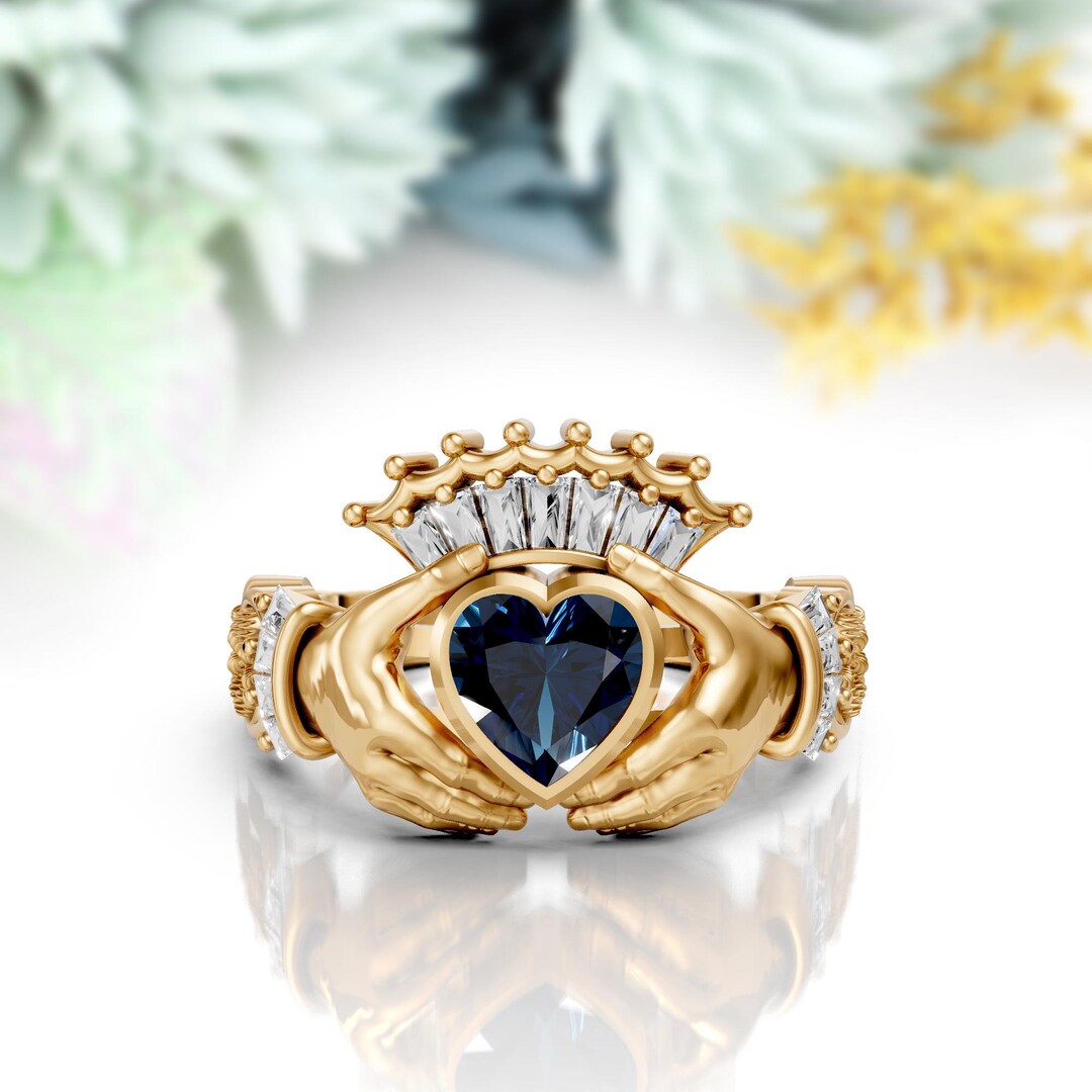 14K Solid Gold London Blue Topaz Claddagh Ring Unique Irish Crown Ring ...