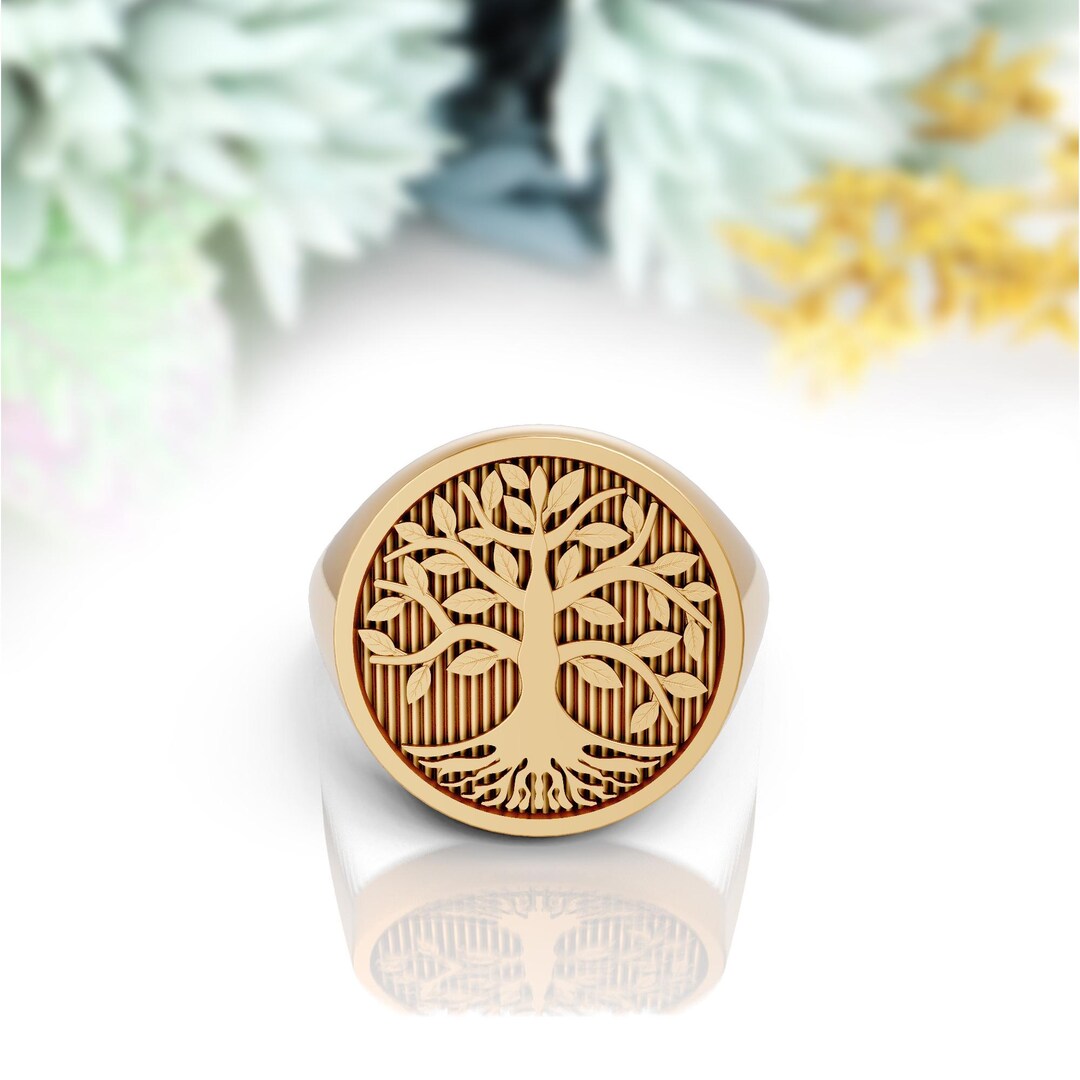 14K Solid Gold Tree of Life Signet Ring - Norse Yggdrasil Ring - Etsy