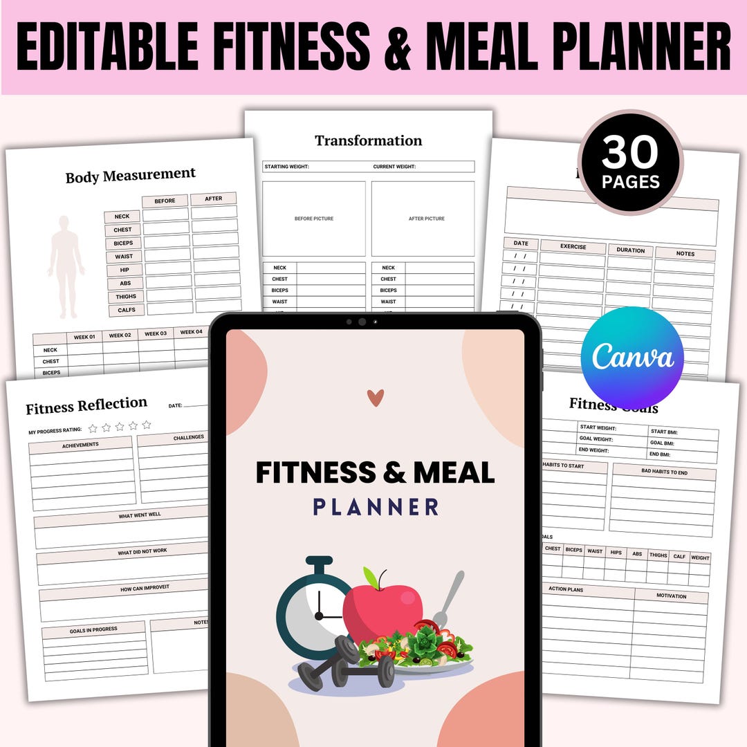 Editable Fitness & Meal Planner | Workout and Nutrition Tracker | Canva ...