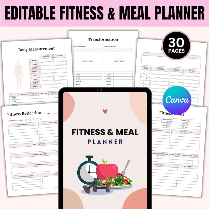Editable Fitness & Meal Planner | Workout and Nutrition Tracker | Canva ...