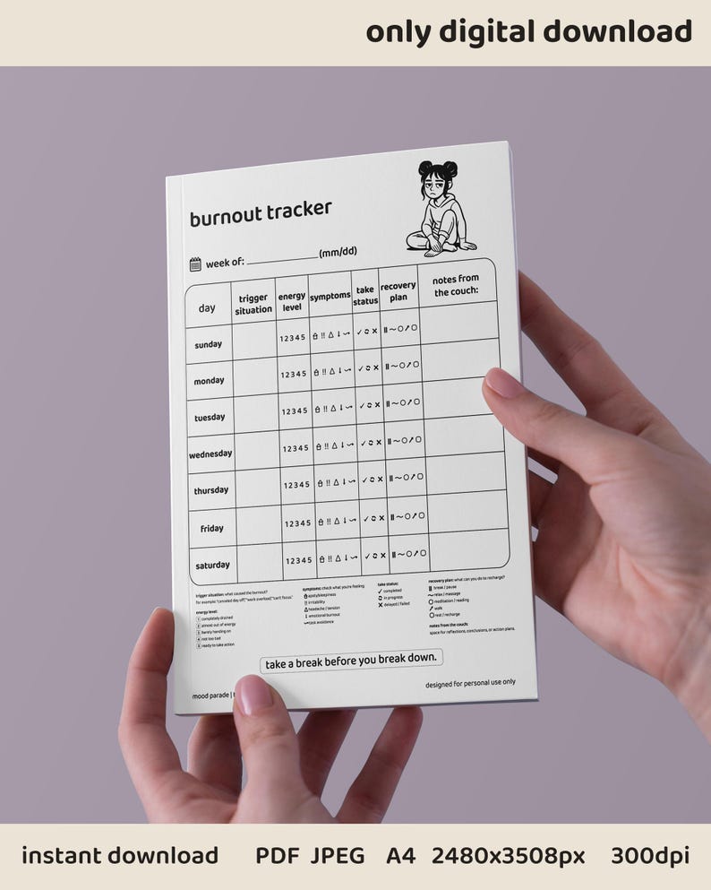 Burnout Tracker Printable PDF – Mental Exhaustion Log, Self-care ...