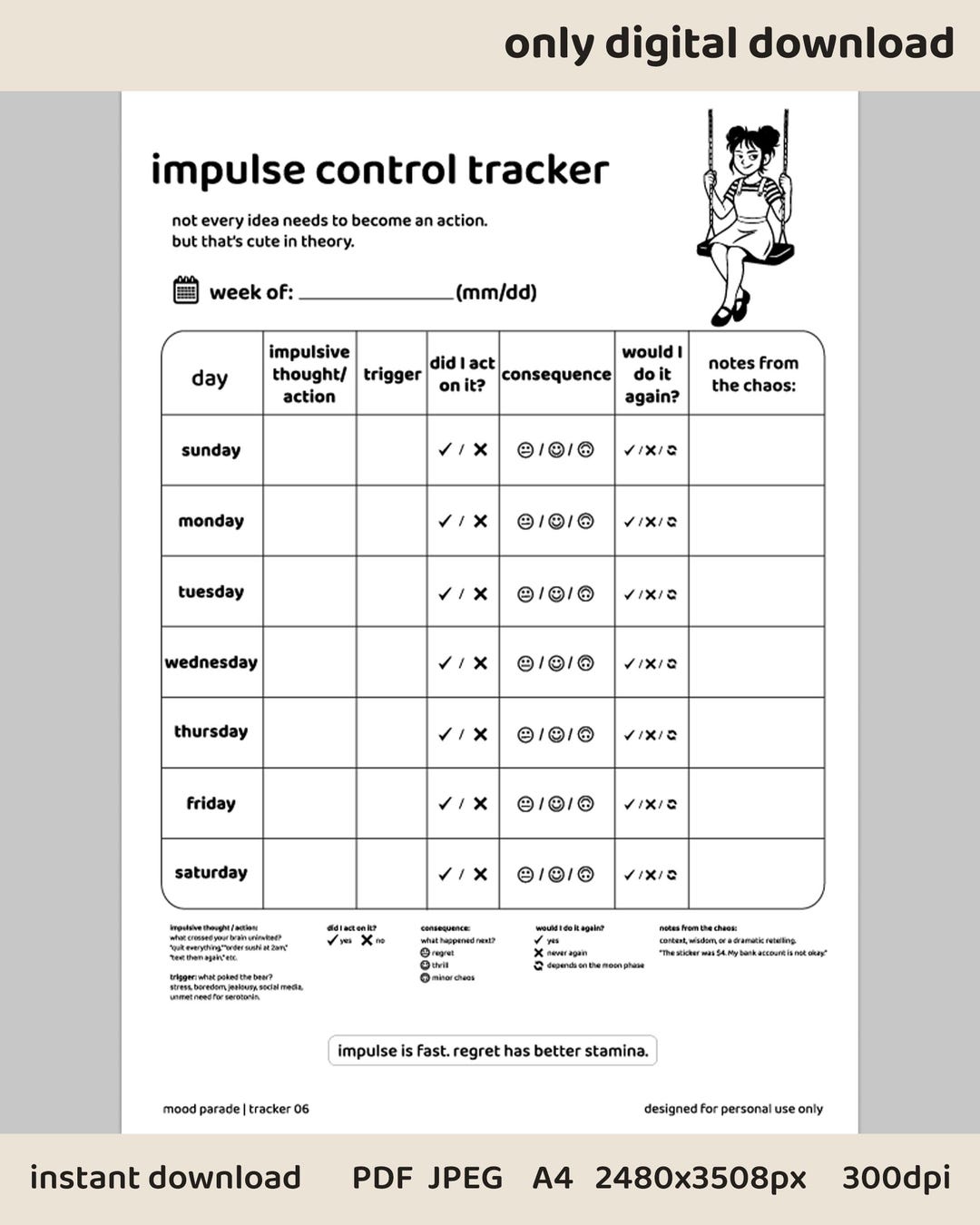 Impulse Control Tracker PDF | ADHD Mental Health Printable | Thought Log Journal | DBT Behavior ...