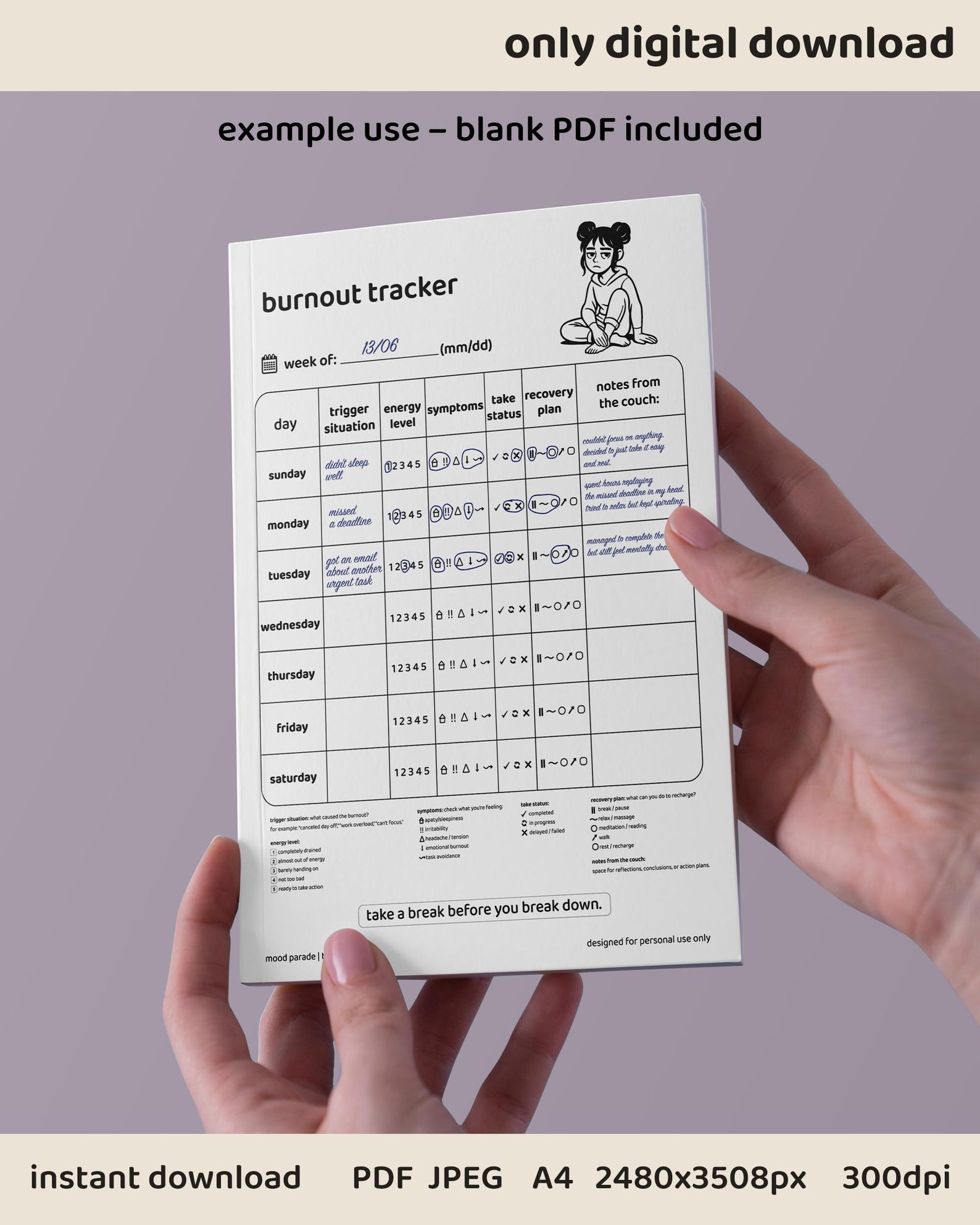 Burnout Tracker Printable PDF – Mental Exhaustion Log, Self-care ...