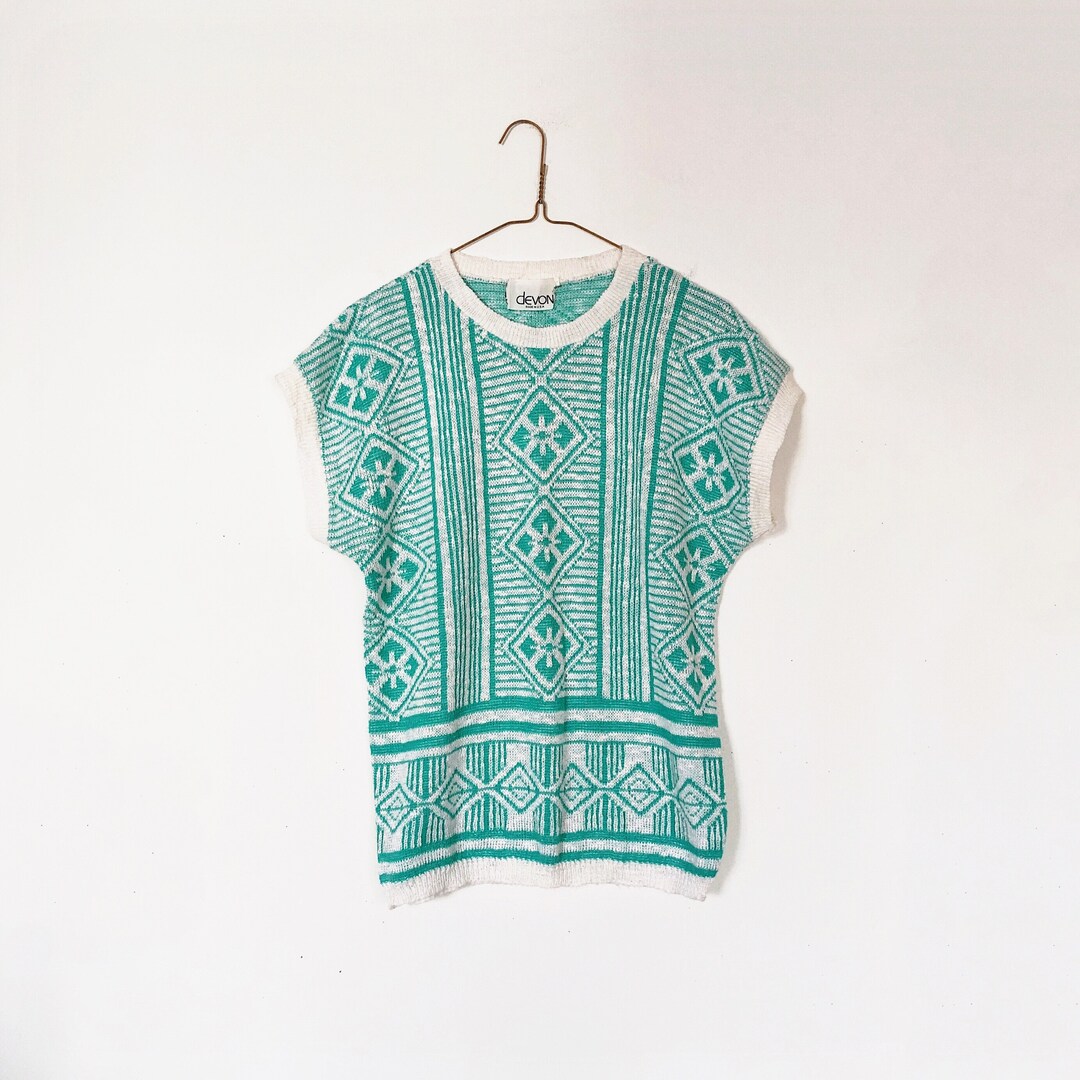 80s Abstract Knit Sweater Vest Shirt Short Sleeve Teal Green and White ...