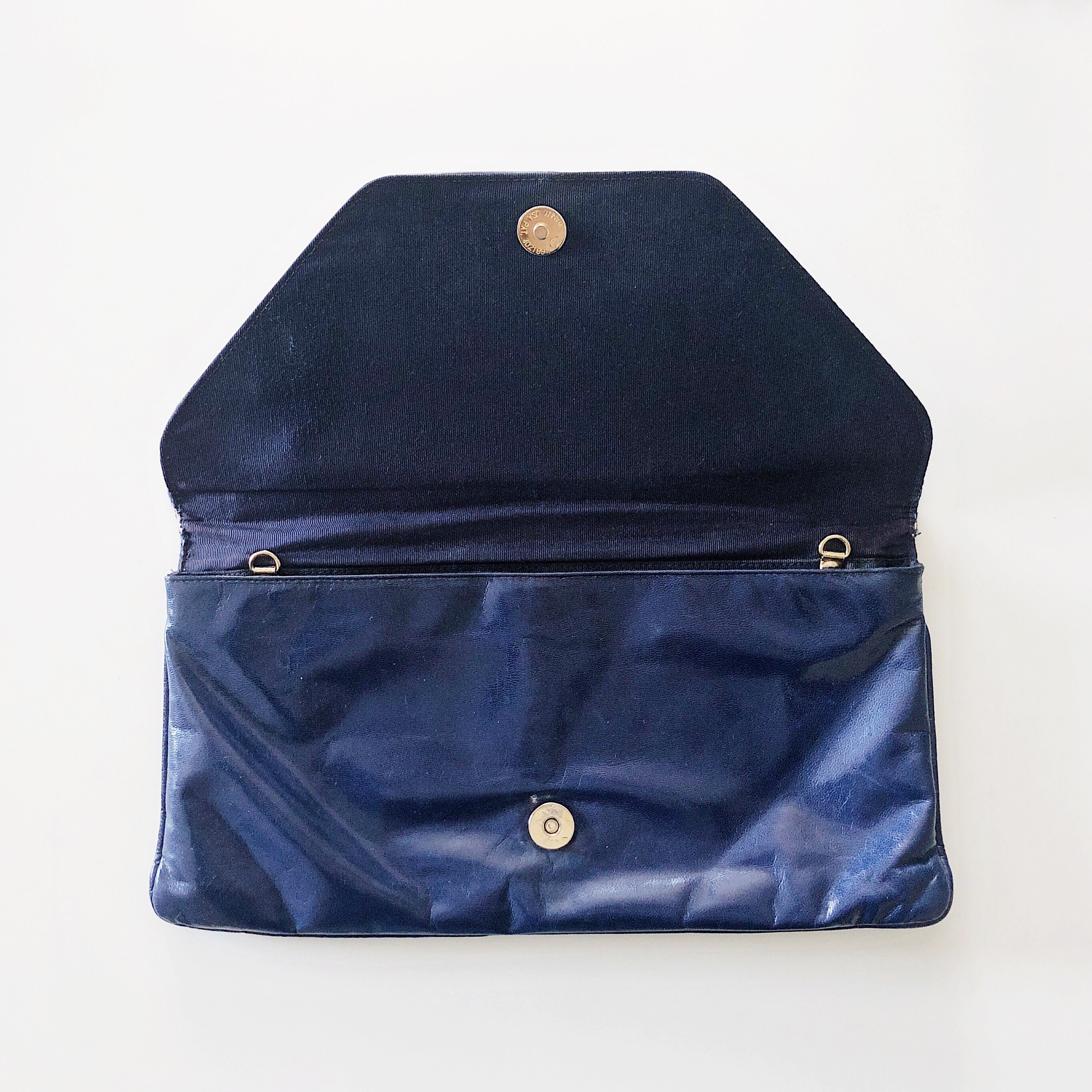 70s Dark Royal Blue Leather Envelope Clutch - Long Detachable Shoulder ...