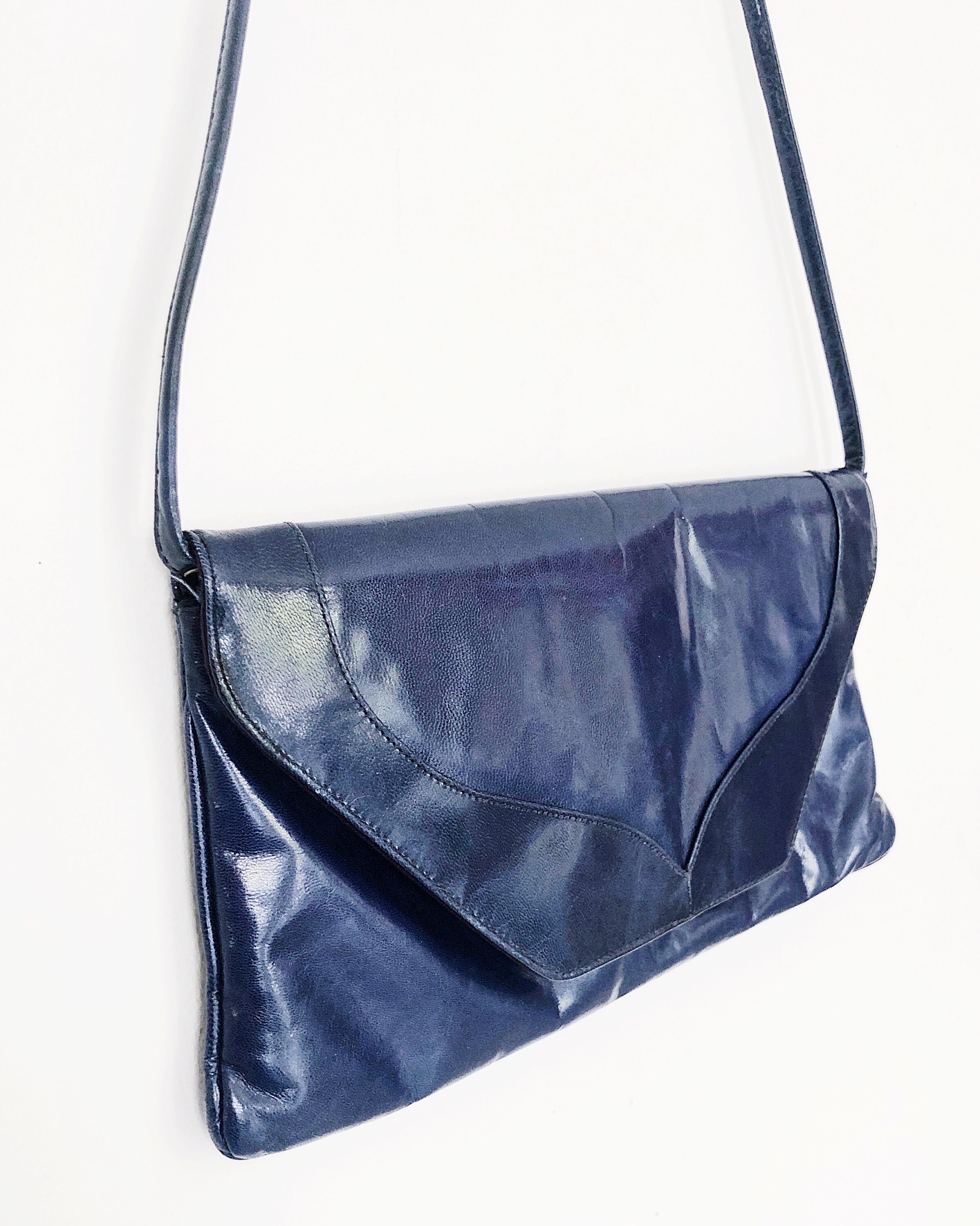 70s Dark Royal Blue Leather Envelope Clutch - Long Detachable Shoulder ...