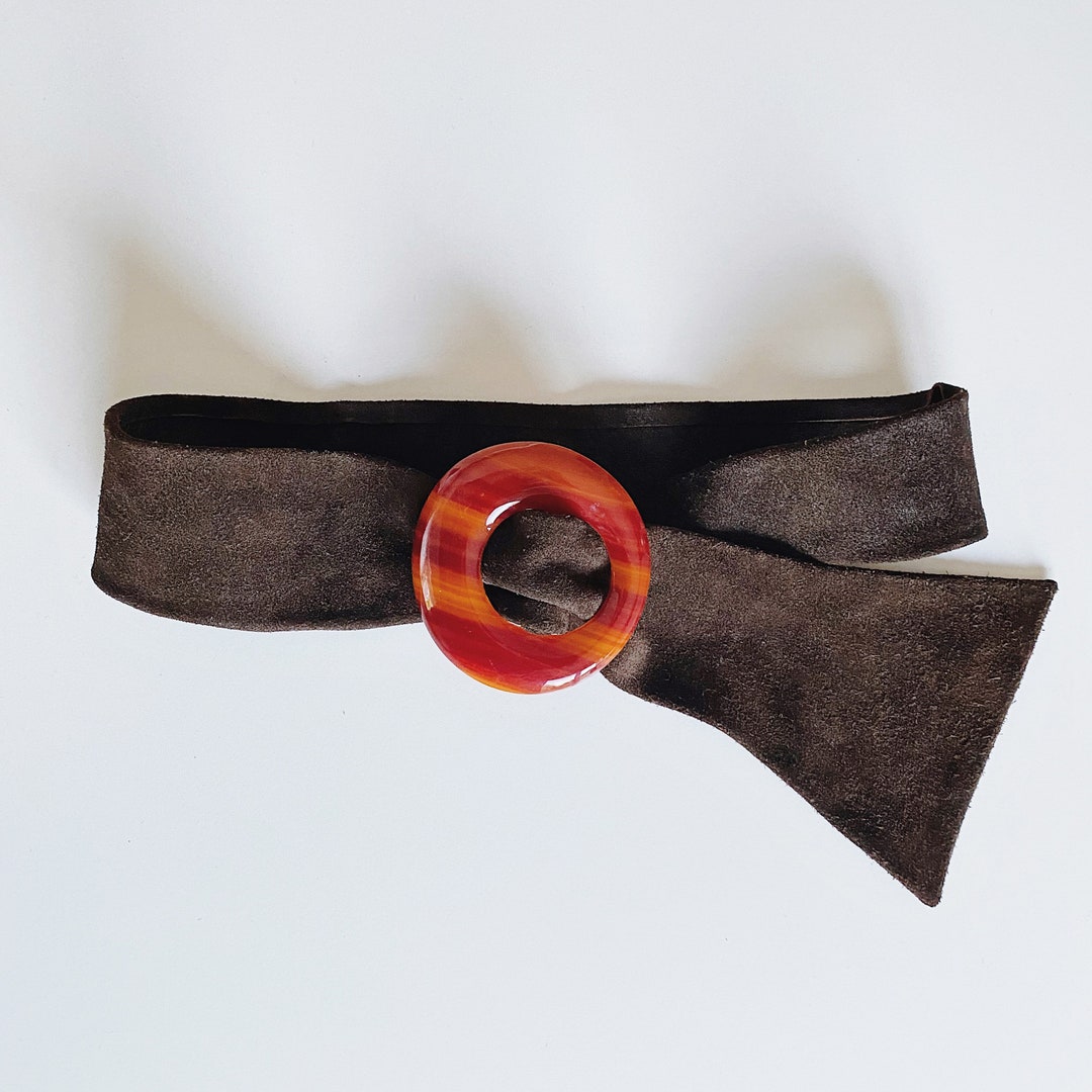Brown Suede Leather Soft Cinch Belt Vtg Red Amber Buckle - Etsy