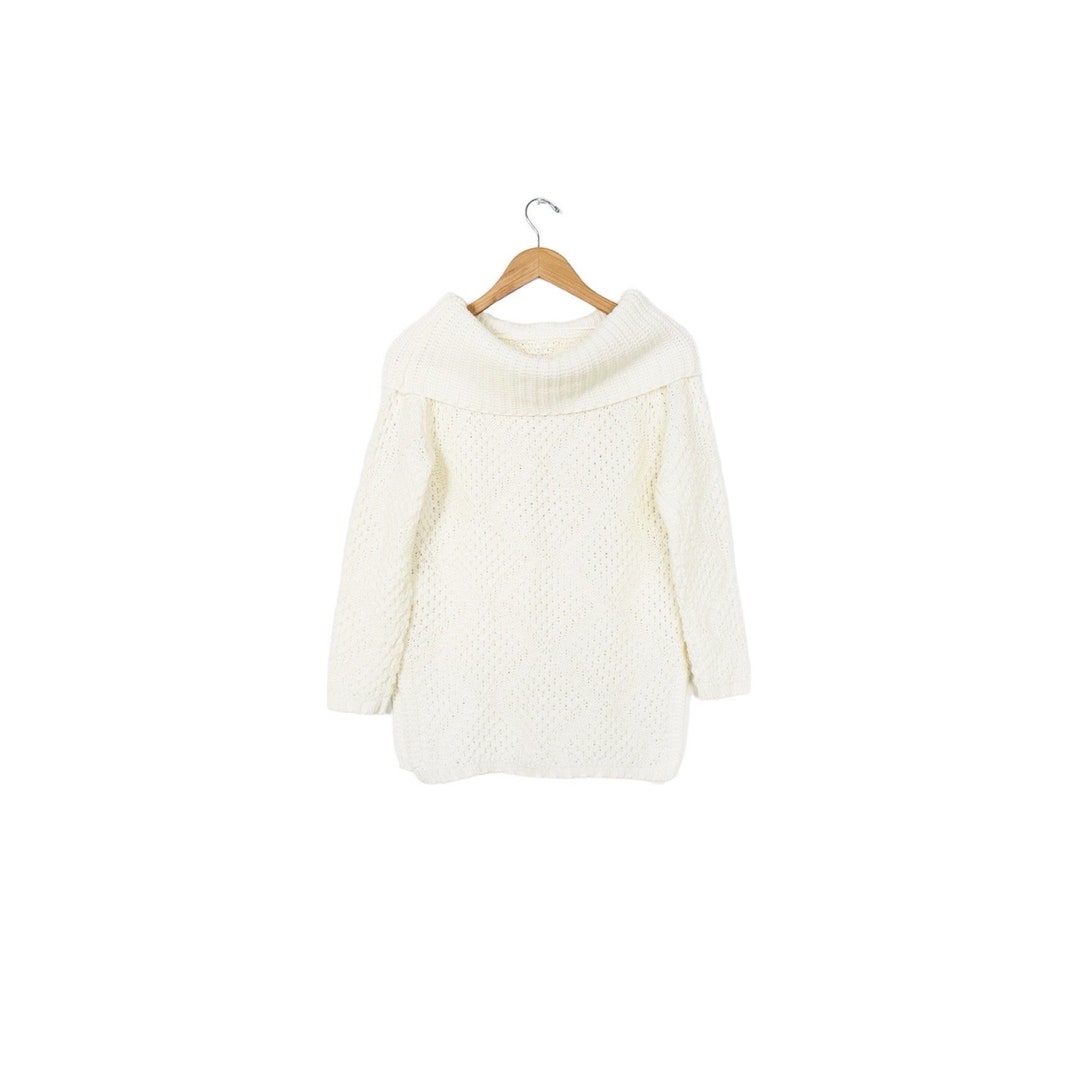 Off the Shoulder Ivory Knit Wide Cowl Turtleneck Sweater - White - Cozy ...
