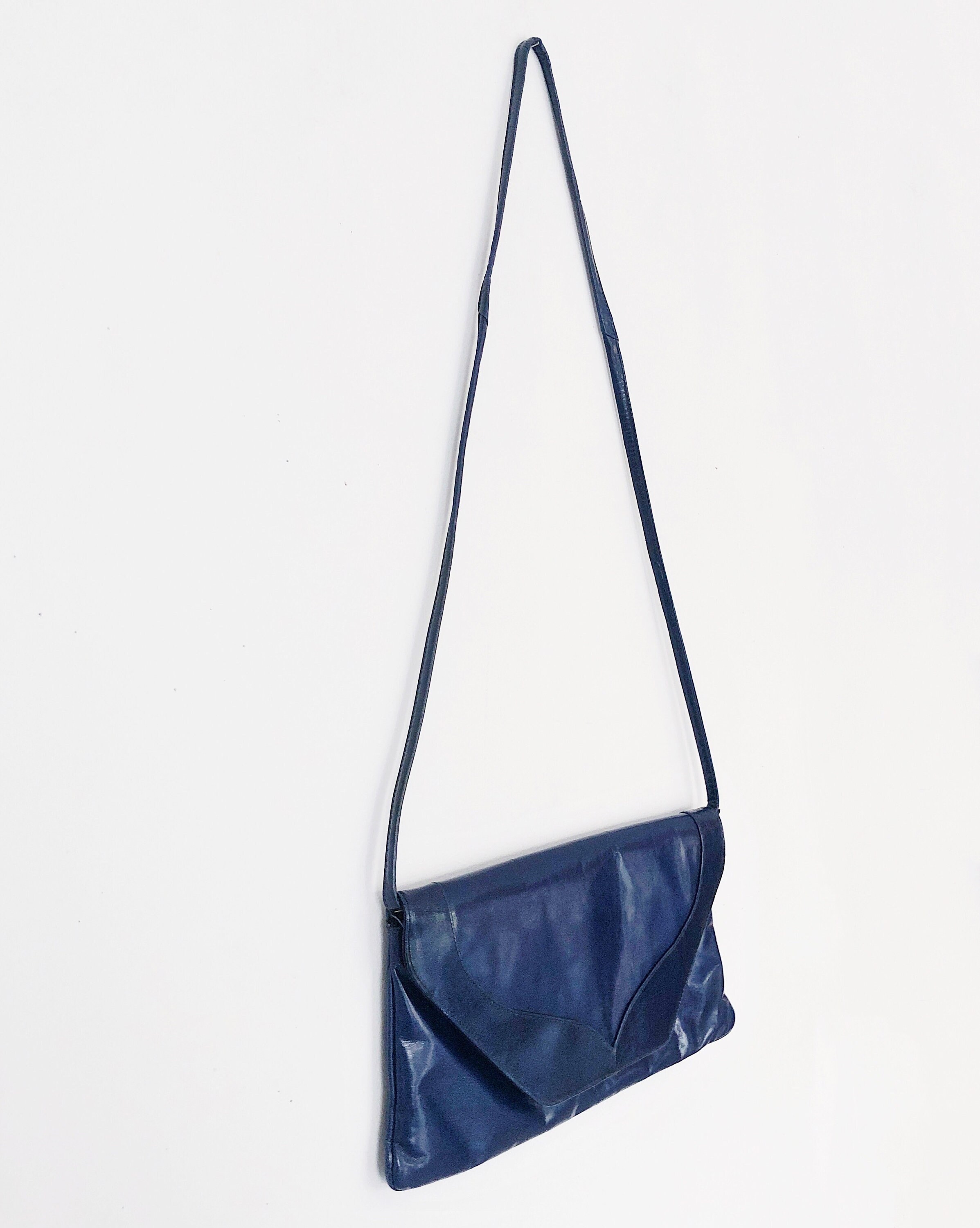70s Dark Royal Blue Leather Envelope Clutch - Long Detachable Shoulder ...