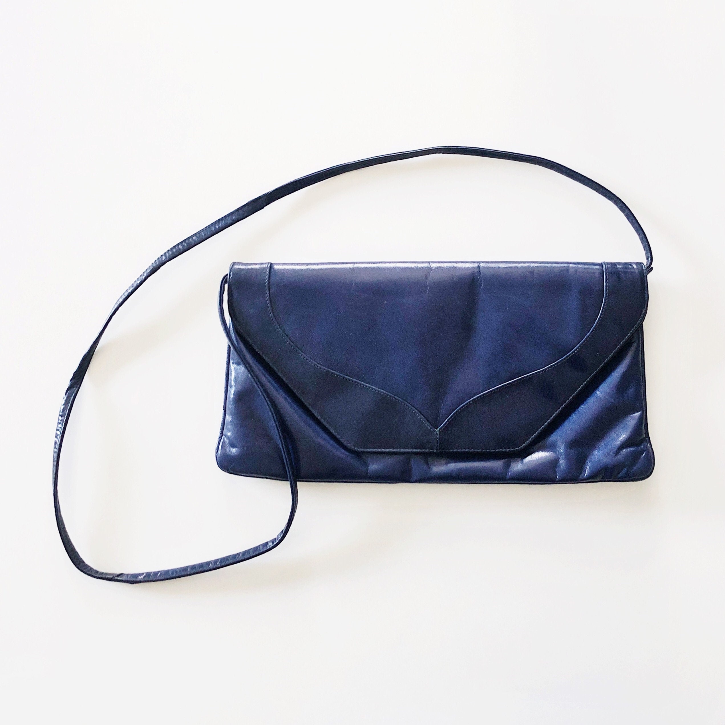 70s Dark Royal Blue Leather Envelope Clutch - Long Detachable Shoulder ...