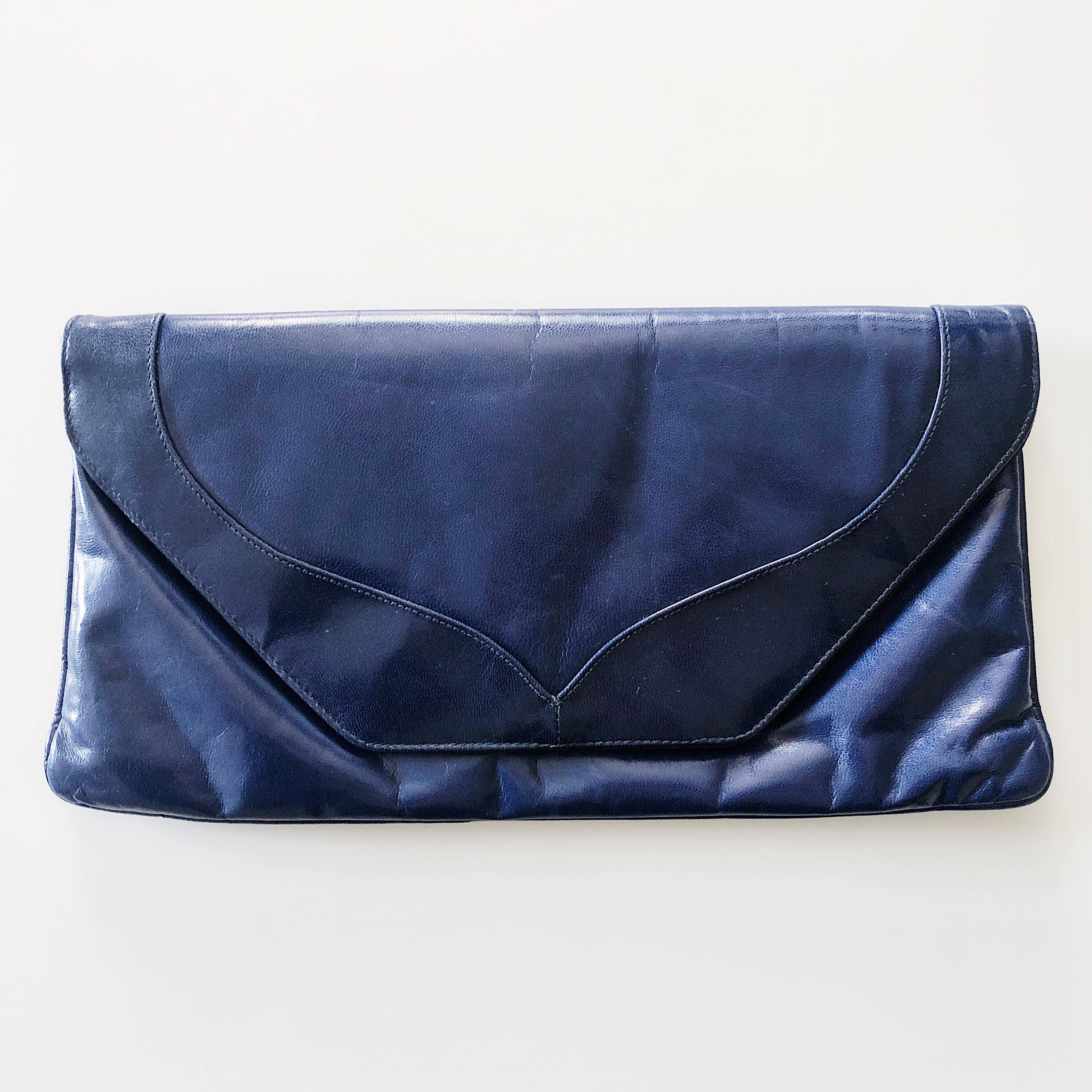 70s Dark Royal Blue Leather Envelope Clutch - Long Detachable Shoulder ...