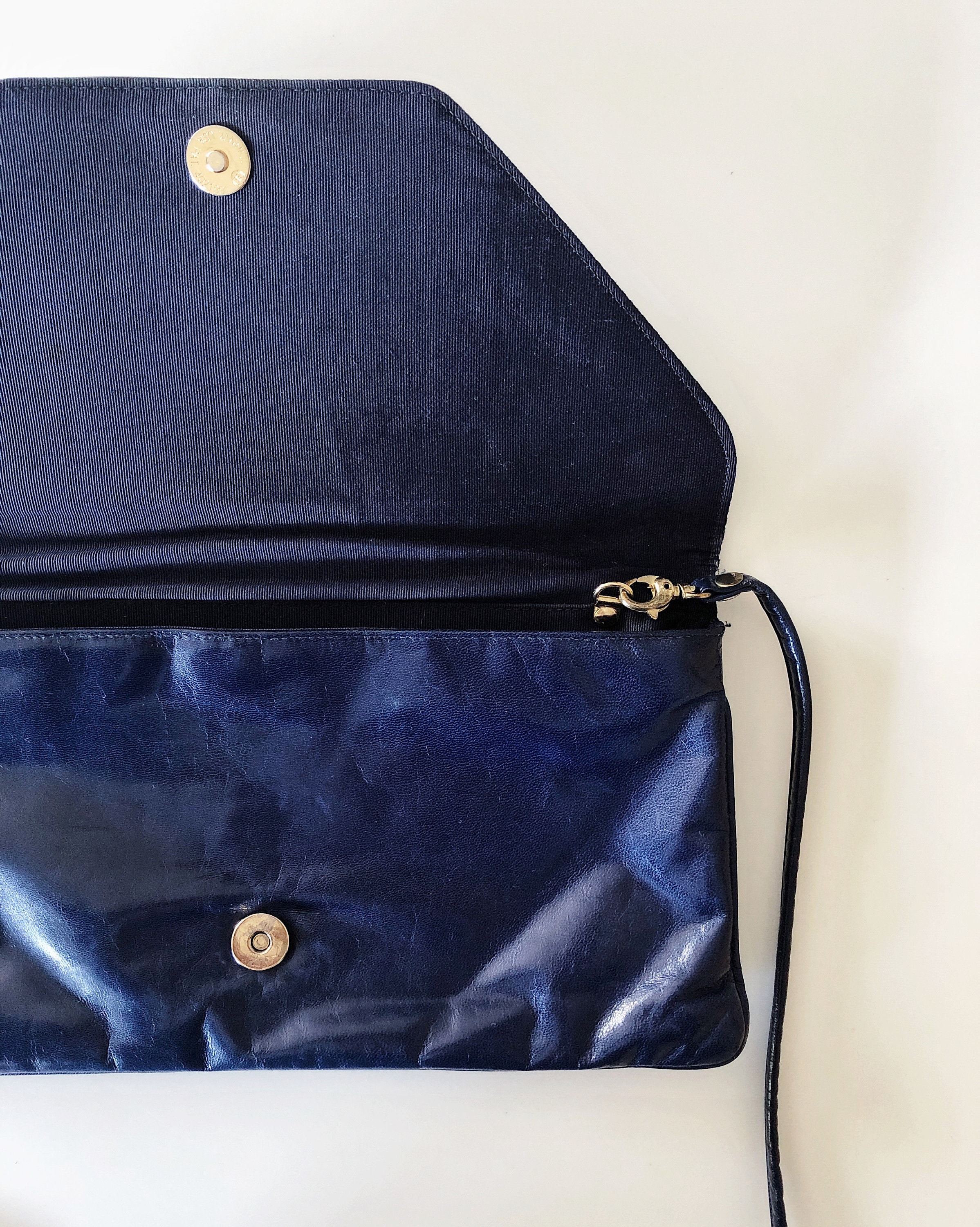 70s Dark Royal Blue Leather Envelope Clutch - Long Detachable Shoulder ...